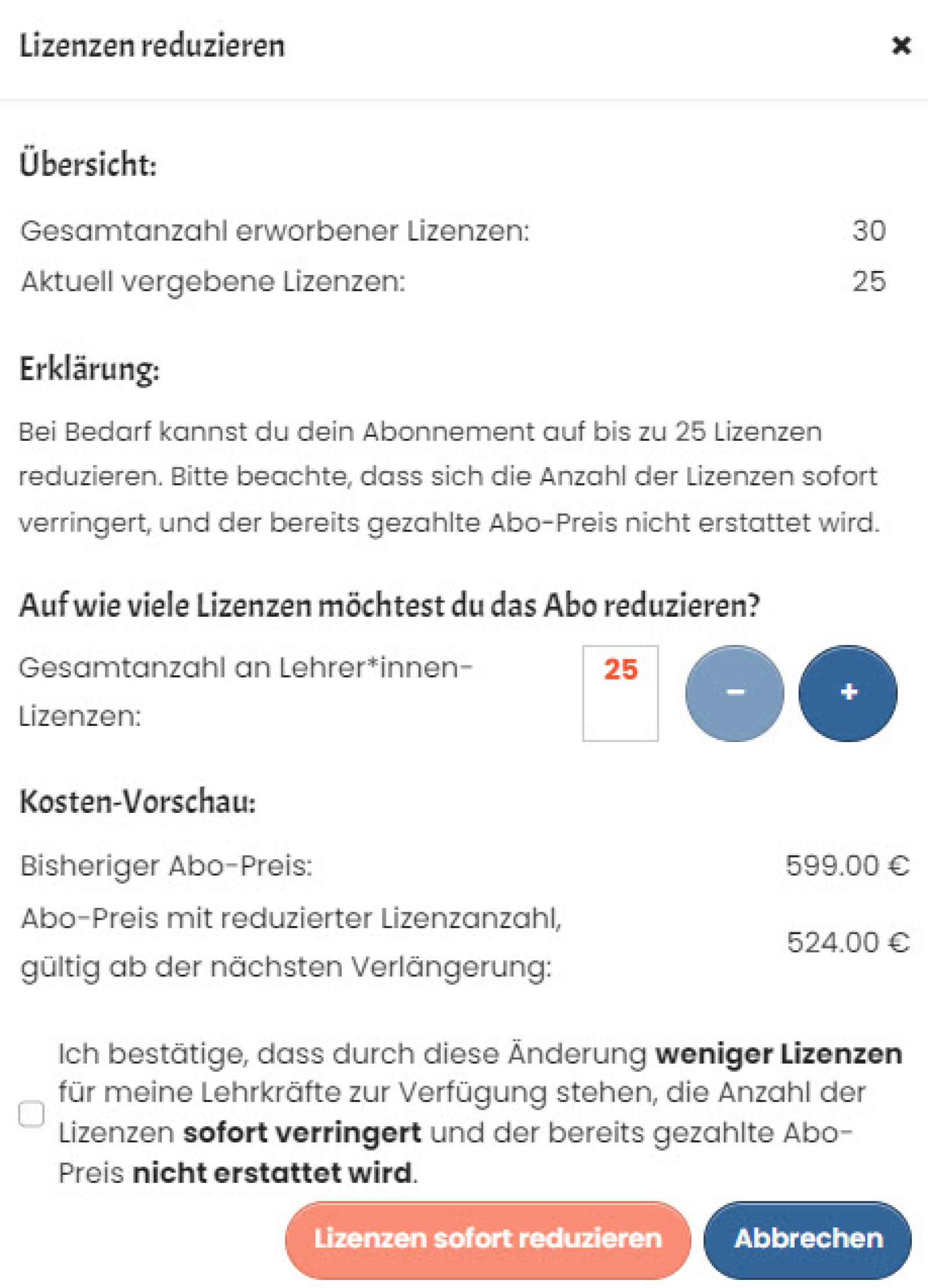 Schulabo: Wie kann ich Lizenzen reduzieren? | Worksheet Crafter